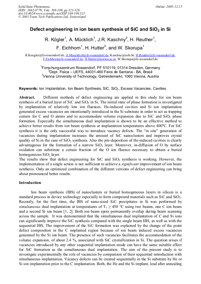 Defect Engineering in Ion Beam Synthesis of SiC and SiO2 in Si | Scientific.Net