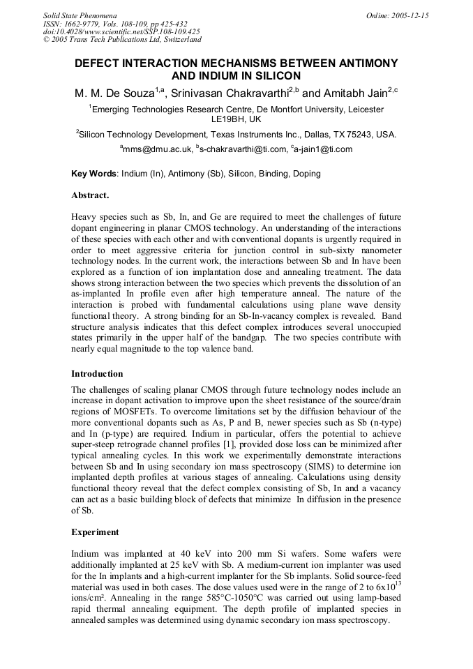 Defect Interaction Mechanisms between Antimony and Indium in Silicon ...