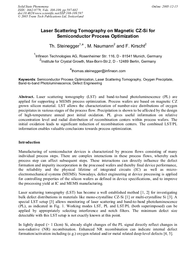 Laser Scattering Tomography on Magnetic CZ-Si for Semiconductor Process ...