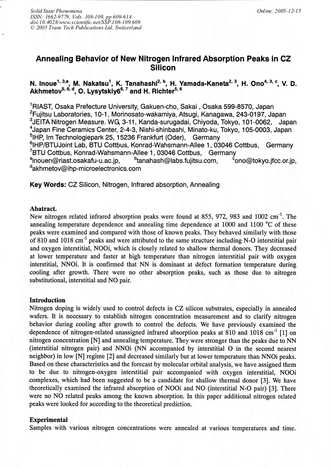 Annealing Behaviour of New Nitrogen Infrared Absorption Peaks in CZ ...