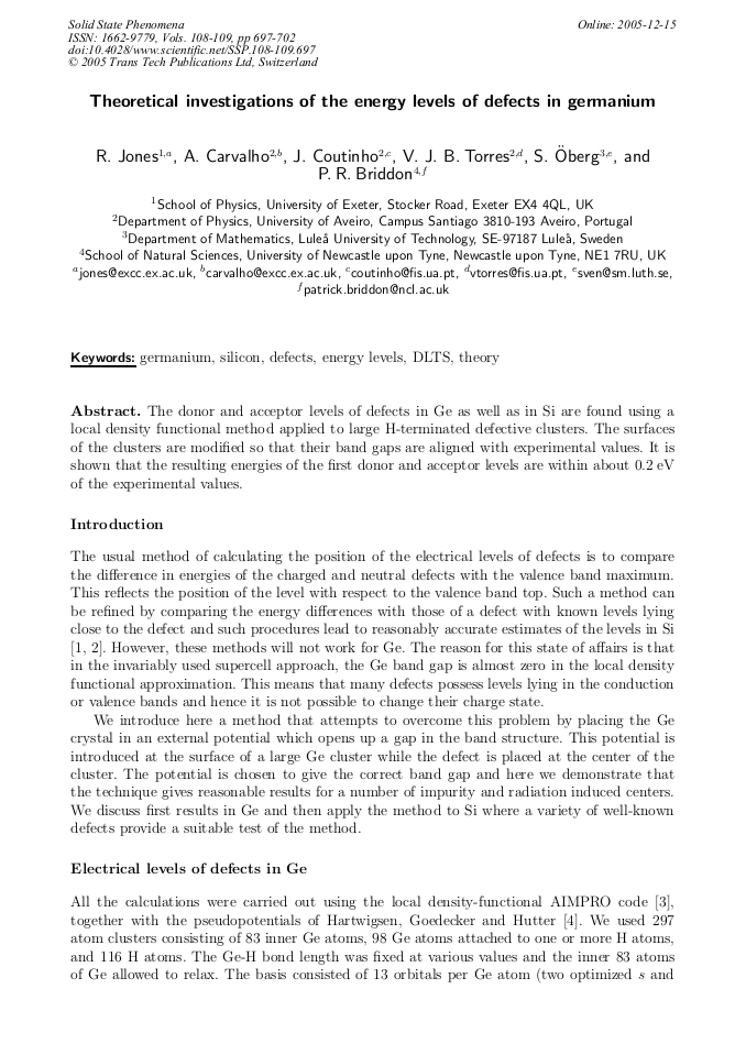 Theoretical Investigations of the Energy Levels of Defects in Germanium ...