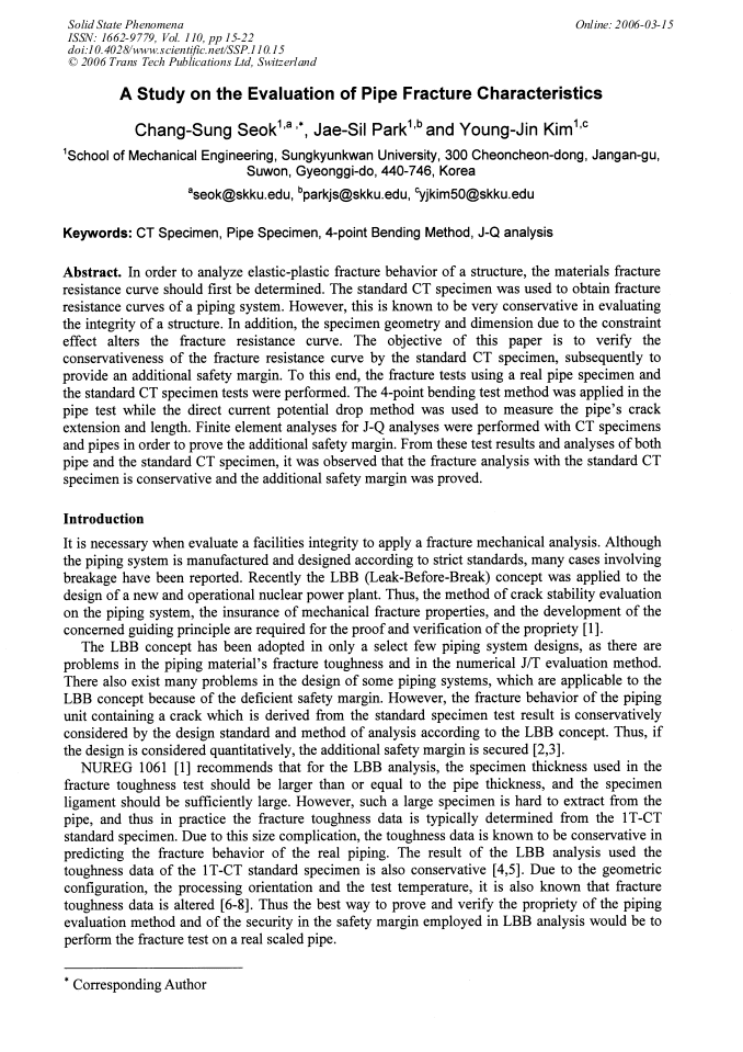 A Study on the Evaluation of Pipe Fracture Characteristics | Scientific.Net