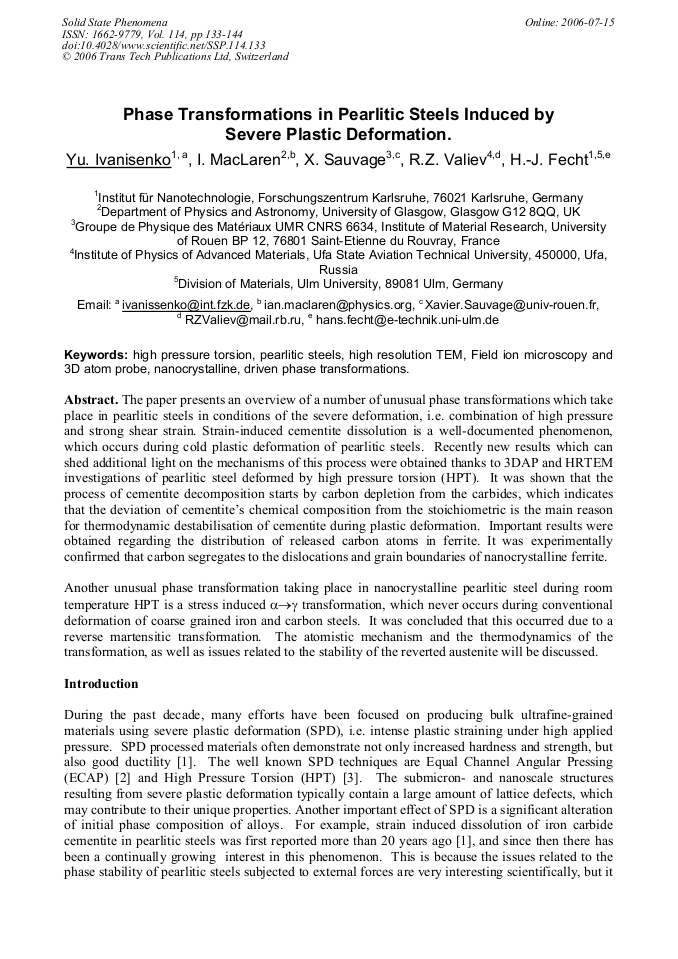 Phase Transformations in Pearlitic Steels Induced by Severe Plastic ...