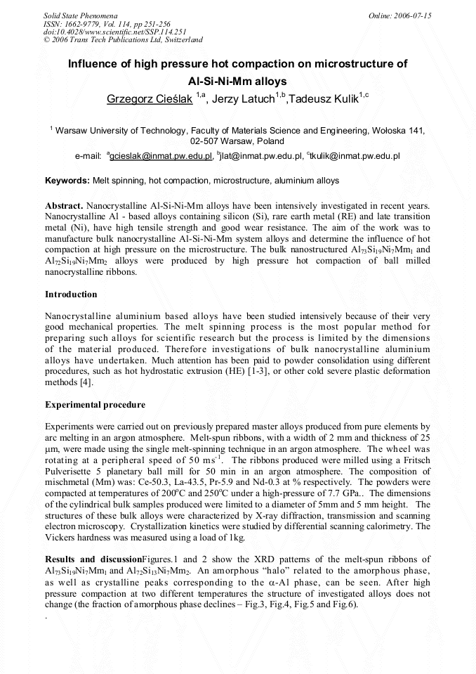 Influence of High Pressure Hot Compaction on Microstructure of Al-Si-Ni ...