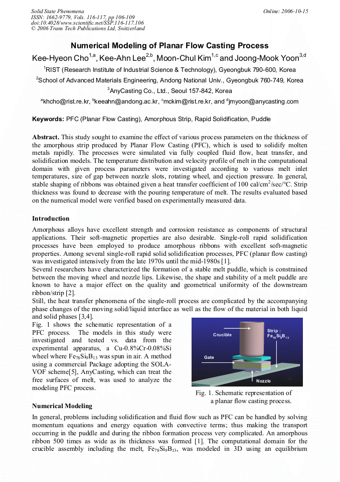 Numerical Modeling of Planar Flow Casting Process | Scientific.Net
