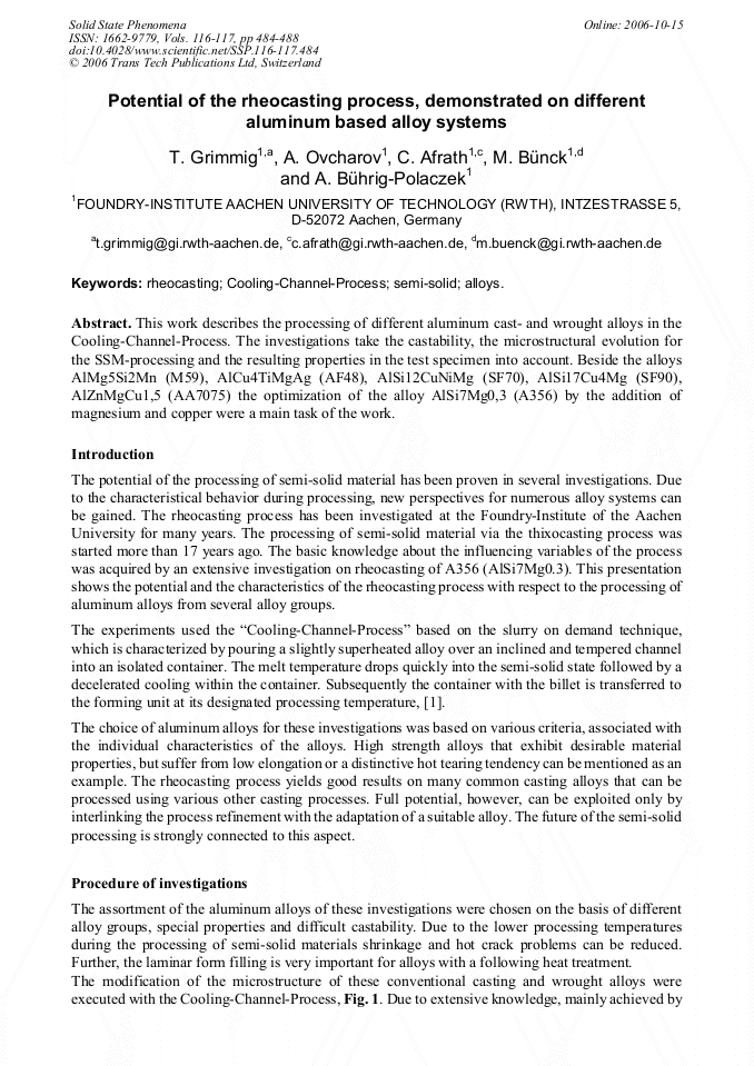 Potential of the Rheocasting Process, Demonstrated on Different ...