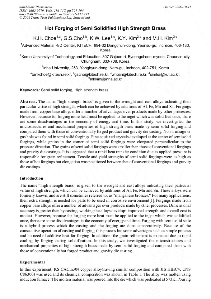Hot Forging of Semi Solidified High Strength Brass | Scientific.Net