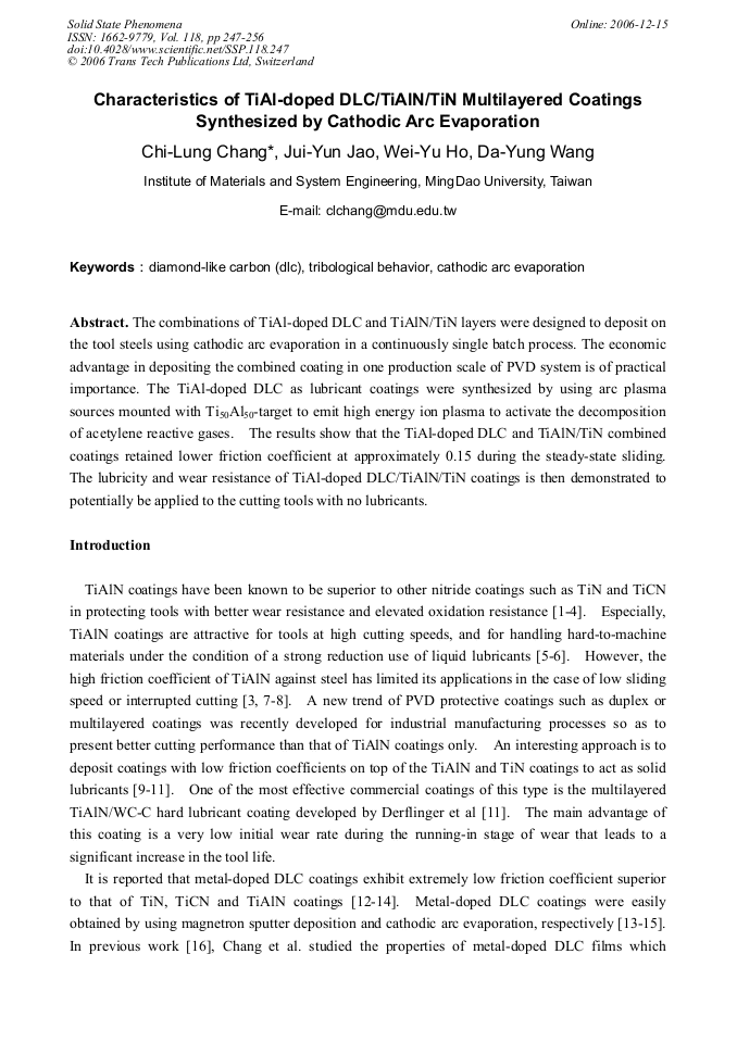 Characteristics of TiAl-Doped DLC/TiAlN/TiN Multilayered Coatings ...