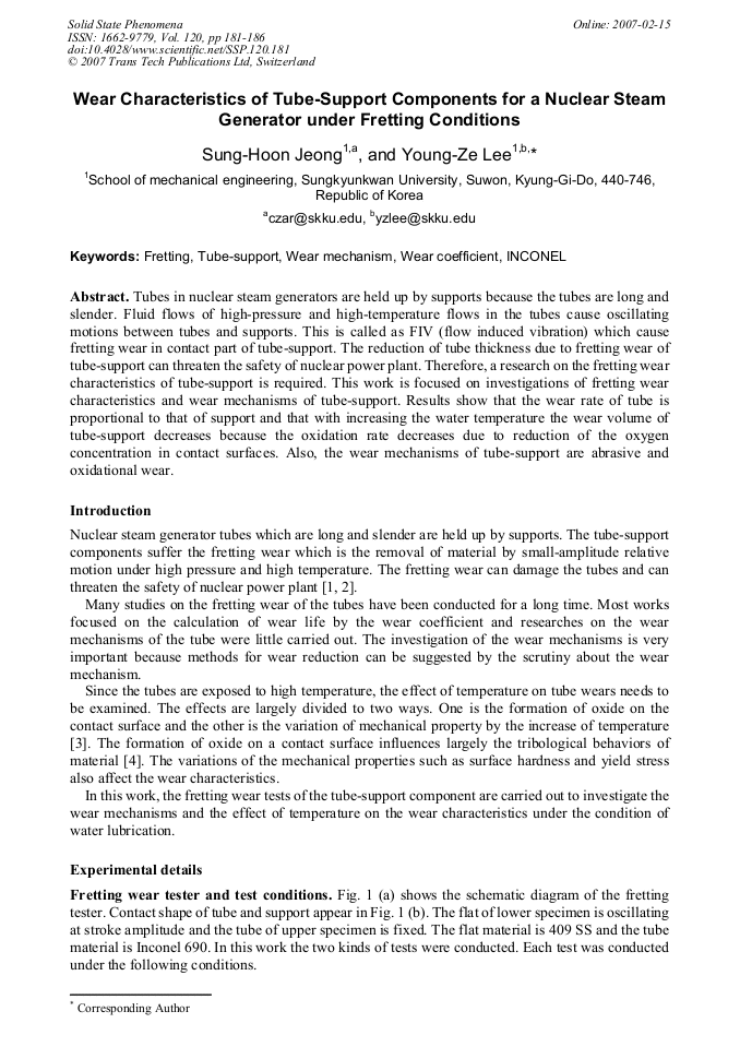 Wear Characteristics of Tube-Support Components for a Nuclear Steam ...