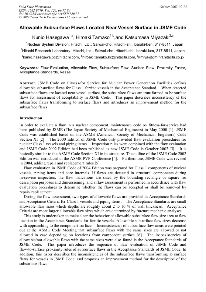 Allowable Subsurface Flaws Located Near Vessel Surface in JSME Code ...
