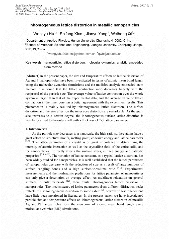 Inhomogeneous Lattice Distortion in Metallic Nanoparticles | Scientific.Net