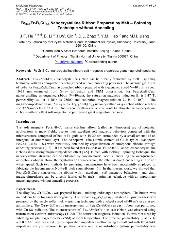 Fe86.5Zr7B3Cu3.5 Nanocrystalline Ribbon Prepared by Melt – Spinning ...