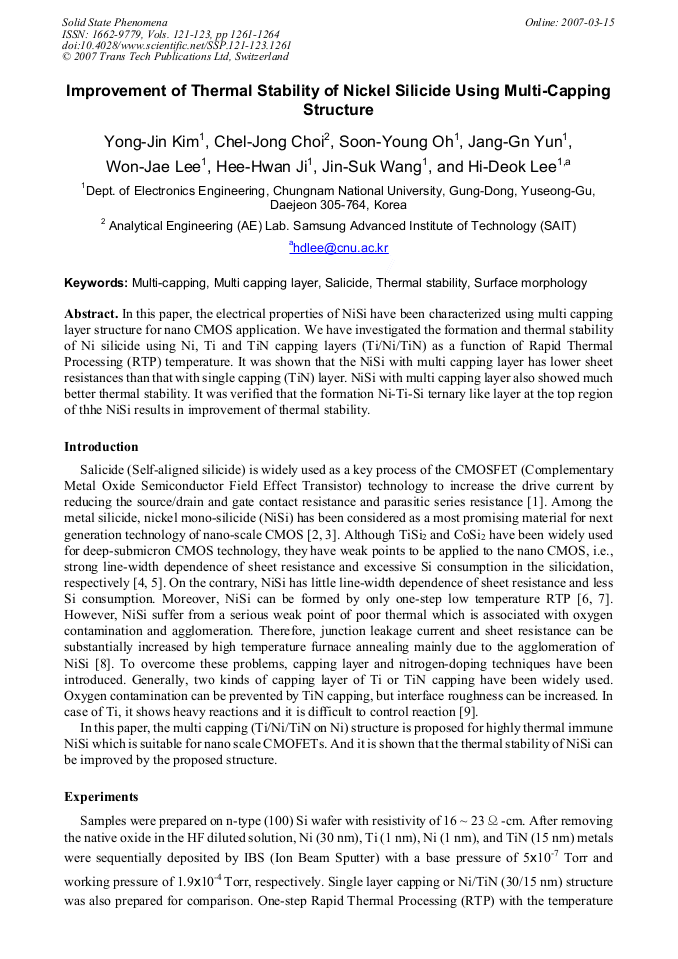 Improvement of Thermal Stability of Nickel Silicide Using Multi-Capping ...