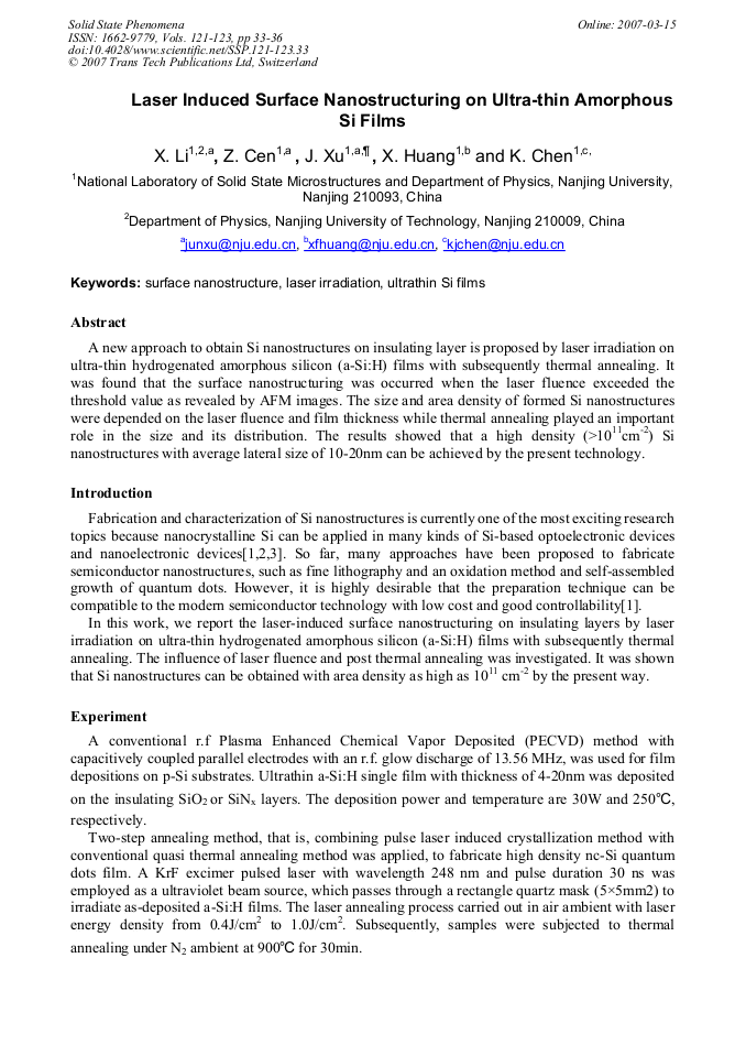 Laser Induced Surface Nanostructuring on Ultra-Thin Amorphous Si Films ...