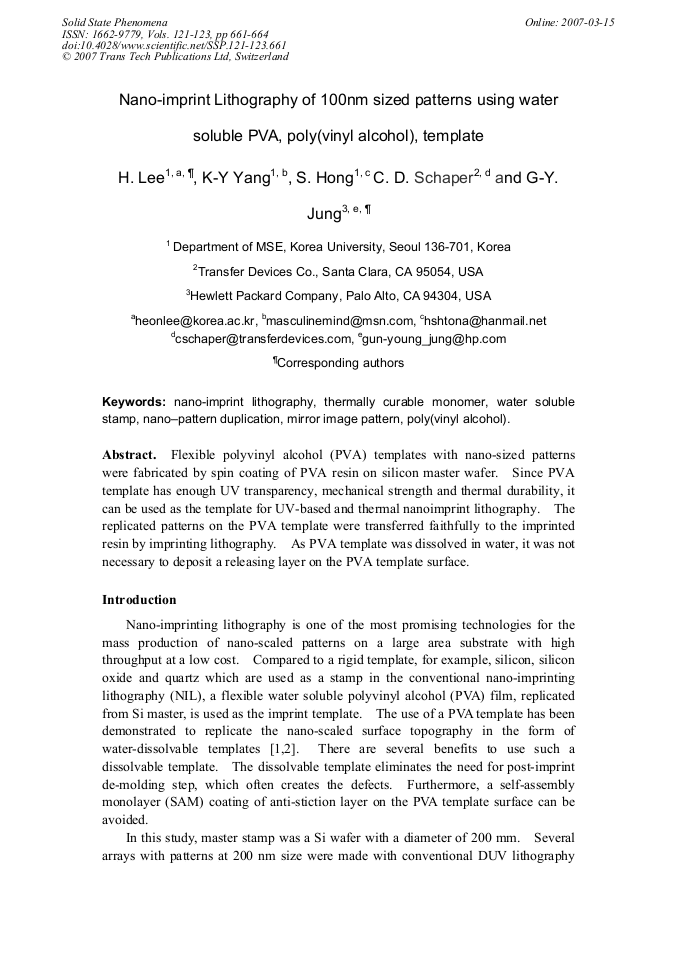 Nano-Imprint Lithography of 100nm Sized Patterns Using Water Soluble ...