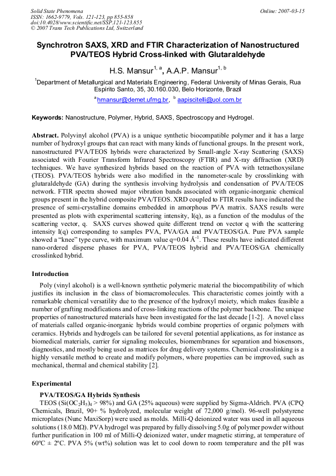 Synchrotron SAXS, XRD and FTIR Characterization of Nanostructured PVA ...