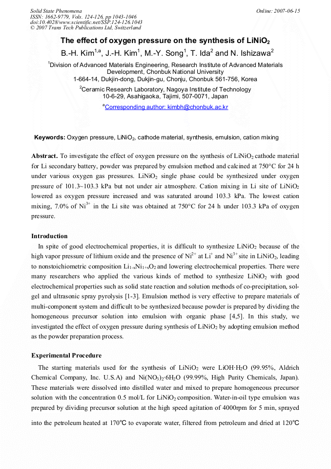 The Effect of Oxygen Pressure on the Synthesis of LiNiO2 | Scientific.Net