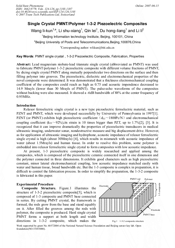 Single Crystal PMNT/Polymer 1-3-2 Piezoelectric Composites | Scientific.Net