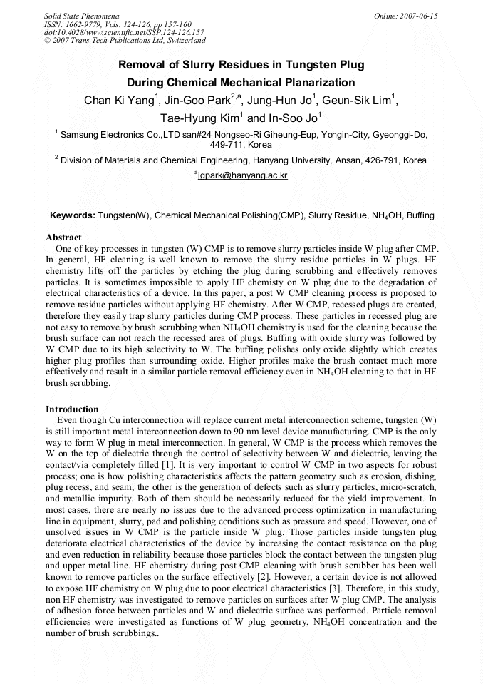Removal of Slurry Residues in Tungsten Plug during Chemical Mechanical ...