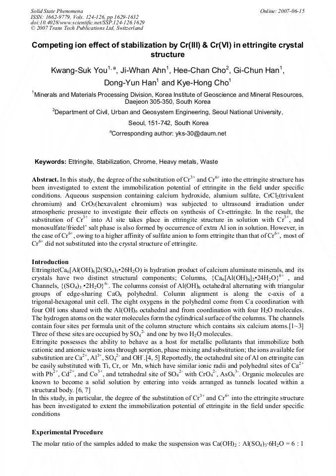 Competing Ion Effect of Stabilization by Cr(III) & Cr(VI) in Ettringite ...