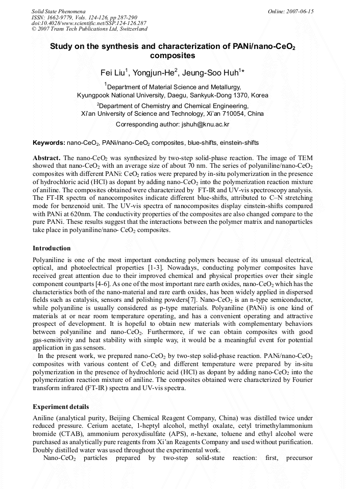 Study on the Synthesis and Characterization of PANi/Nano-CeO2 ...