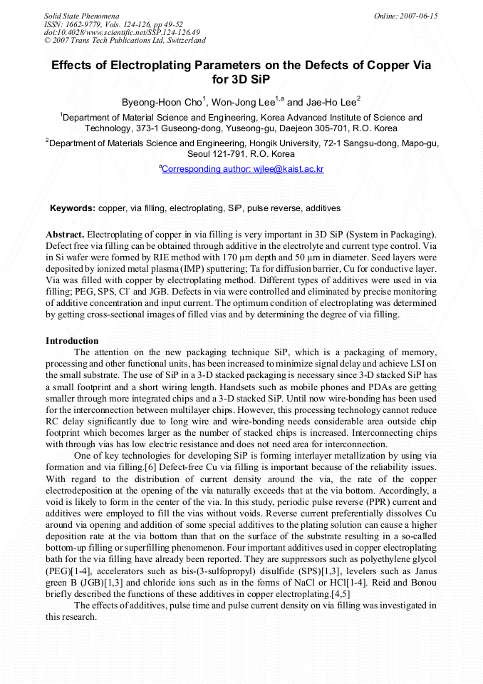 Effects of Electroplating Parameters on the Defects of Copper via for ...