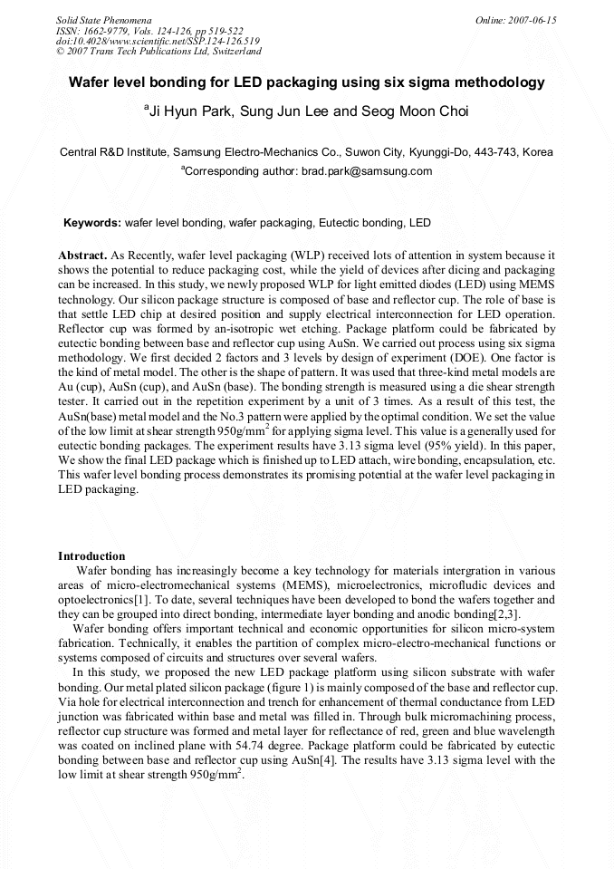 Wafer Level Bonding for LED Packaging Using Six Sigma Methodology ...