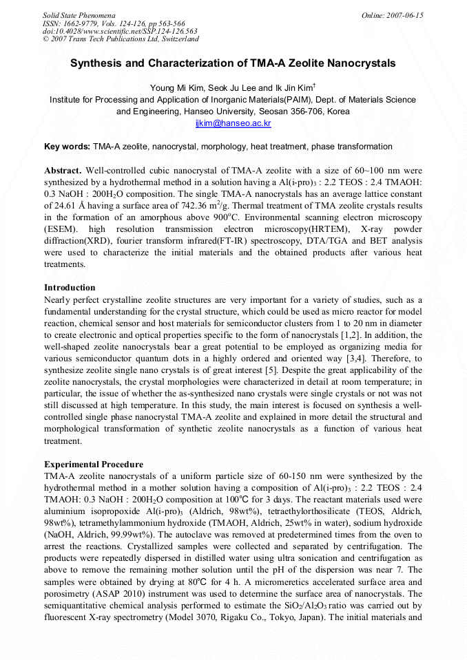 Synthesis and Characterization of TMA-A Zeolite Nanocrystals ...