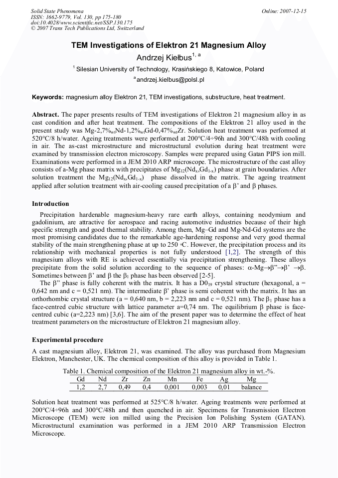 TEM Investigations of Electron 21 Magnesium Alloy | Scientific.Net