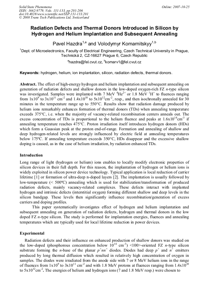 Radiation Defects and Thermal Donors Introduced in Silicon by Hydrogen ...