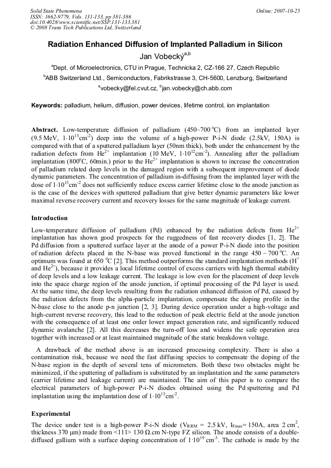 Radiation Enhanced Diffusion of Implanted Palladium in Silicon ...