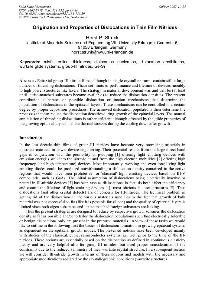 Origination and Properties of Dislocations in Thin Film Nitrides ...