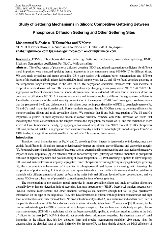 Study of Gettering Mechanisms in Silicon: Competitive Gettering between ...