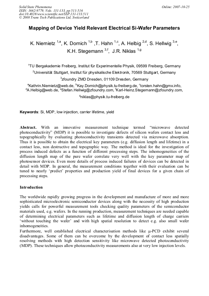 Mapping of Device Yield Relevant Electrical Si-Wafer Parameters ...