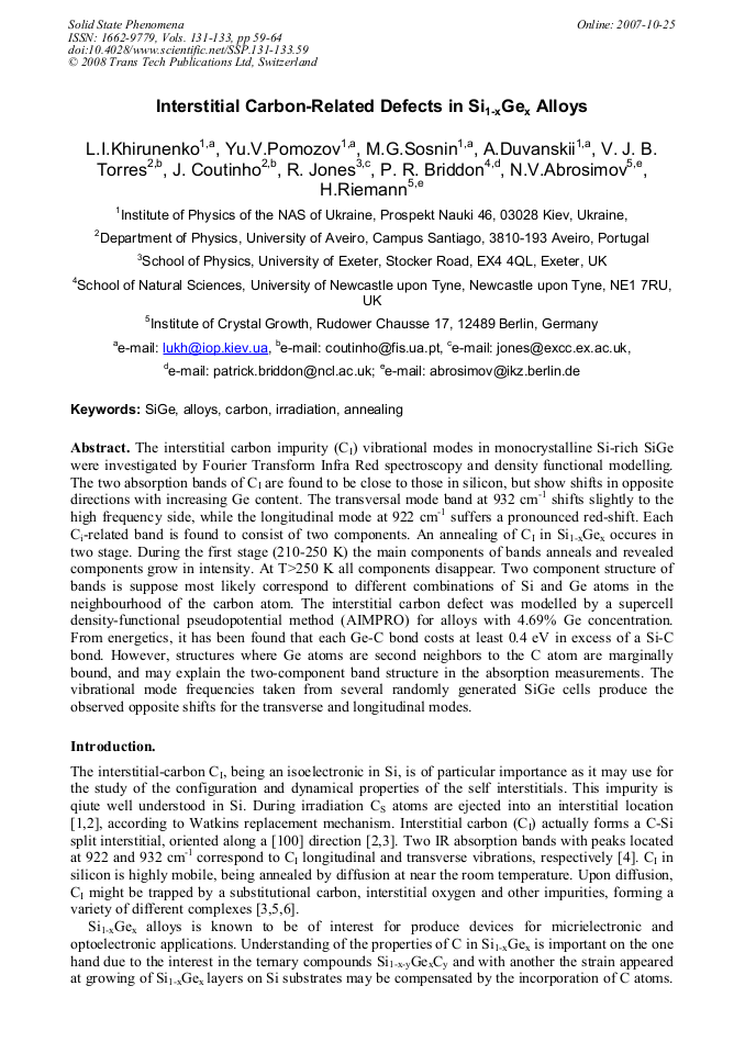 Interstitial Carbon-Related Defects in Si1-xGex Alloys | Scientific.Net