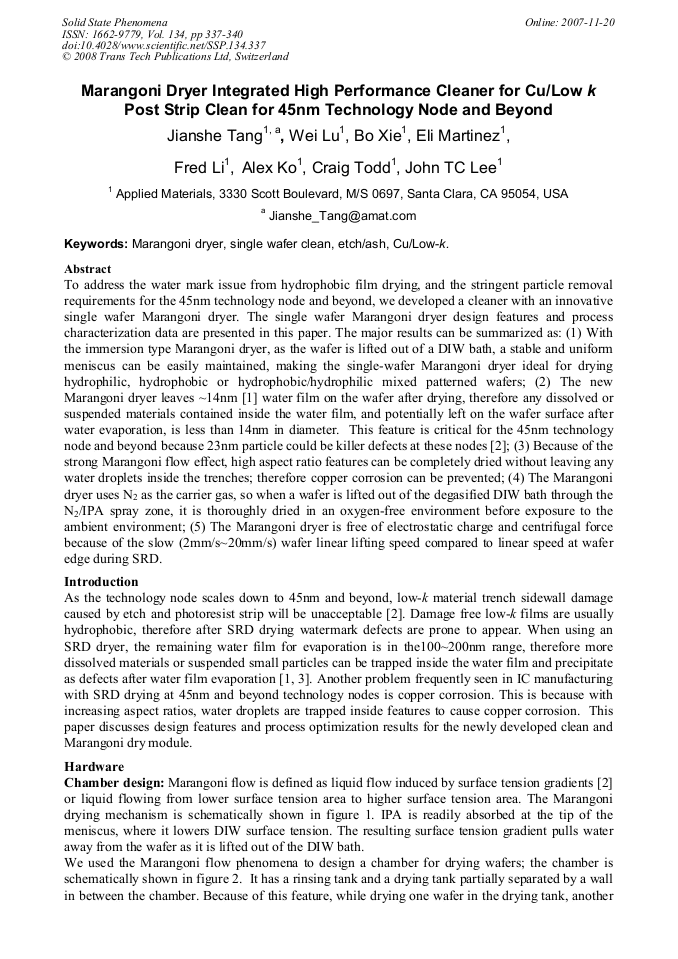 Marangoni Dryer Integrated High Performance Cleaner for Cu/Low k Post ...