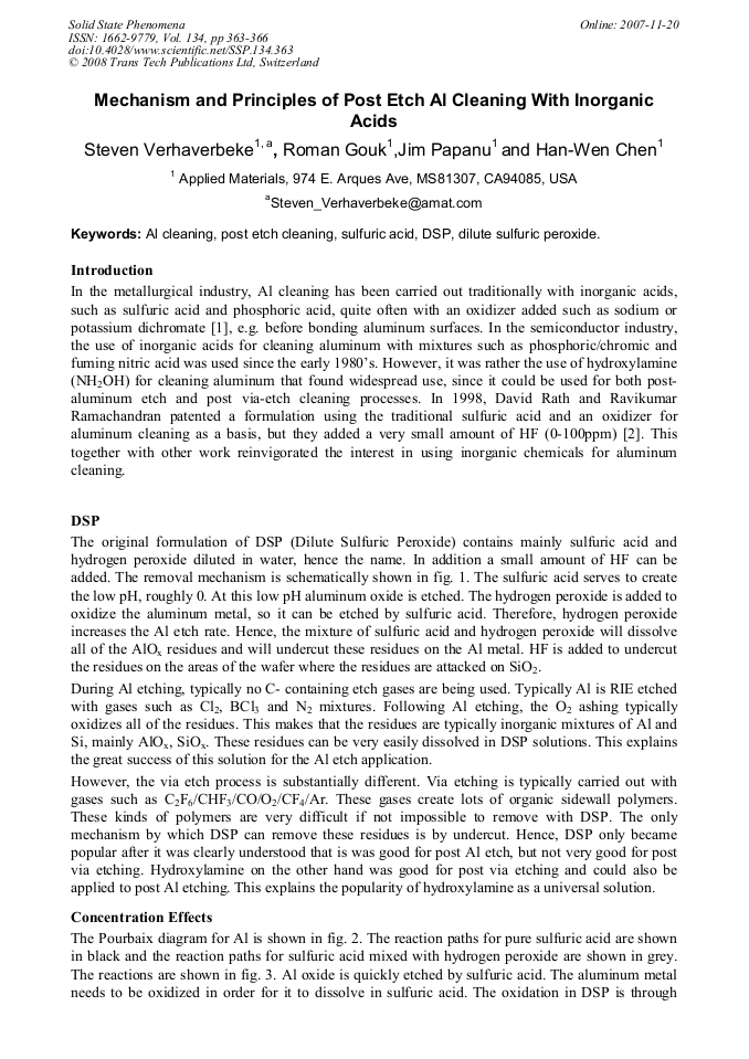 Mechanism and Principles of Post Etch Al Cleaning with Inorganic Acids ...
