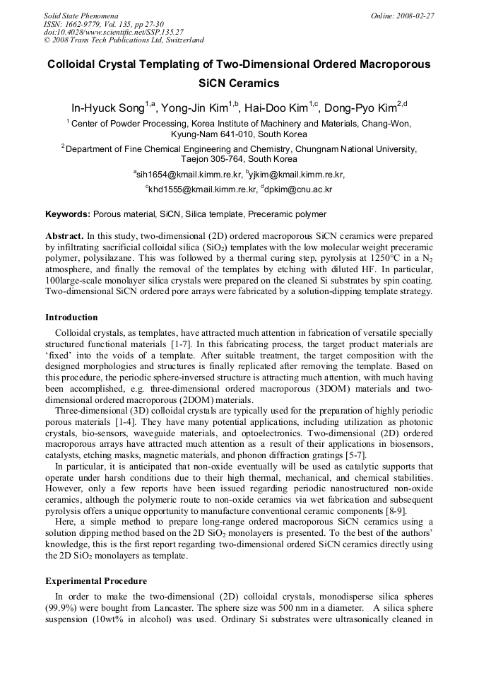 Colloidal Crystal Templating of Two-Dimensional Ordered Macroporous ...