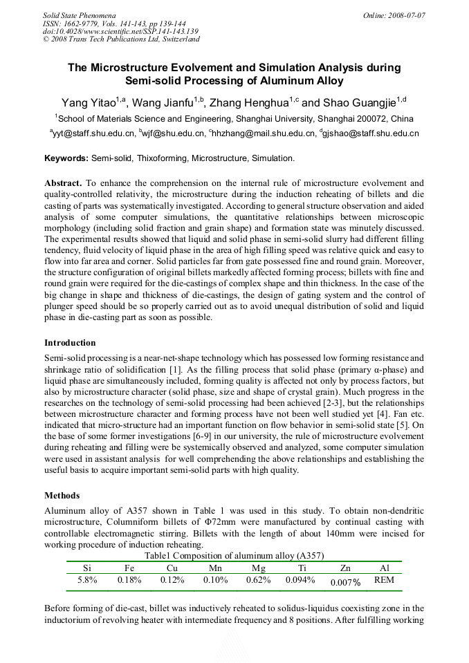 The Microstructure Evolvement and Simulation Analysis during Semi-Solid Processing of Aluminum ...