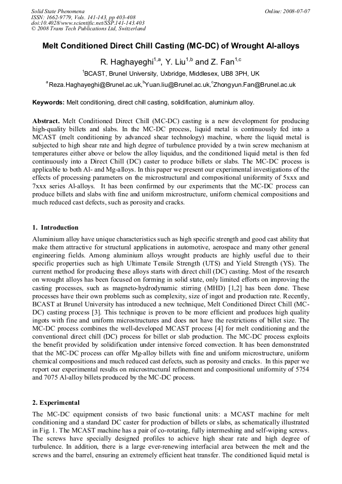 Melt Conditioned Direct Chill Casting (MC-DC) of Wrought Al-Alloys ...