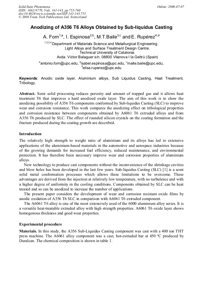 Anodizing of A356 T6 Alloys Obtained by Sub-Liquidus Casting ...