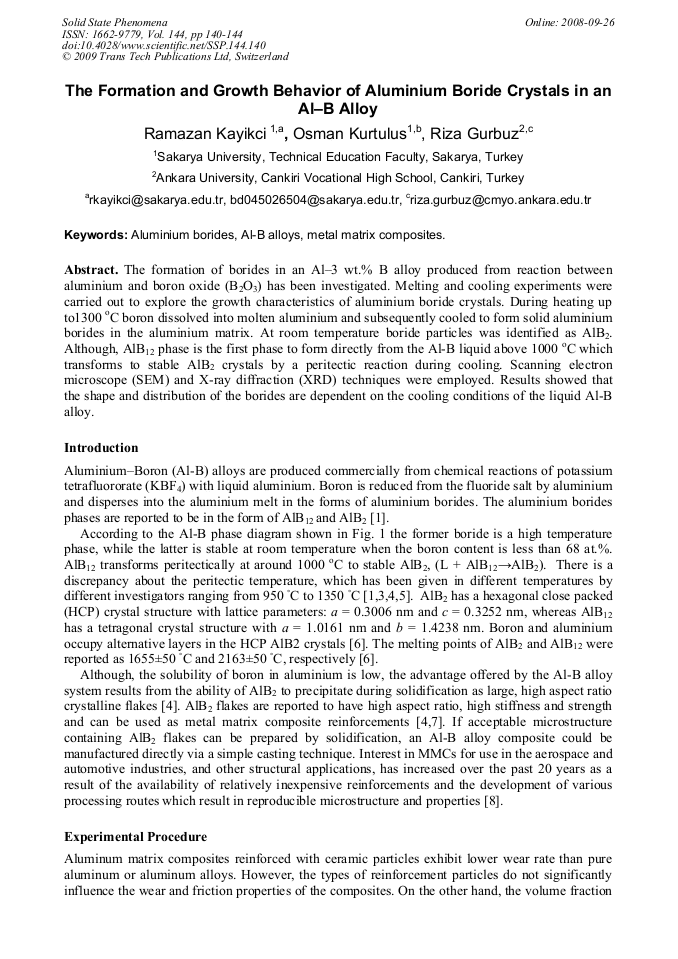 The Formation and Growth Behavior of Aluminium Boride Crystals in an Al ...