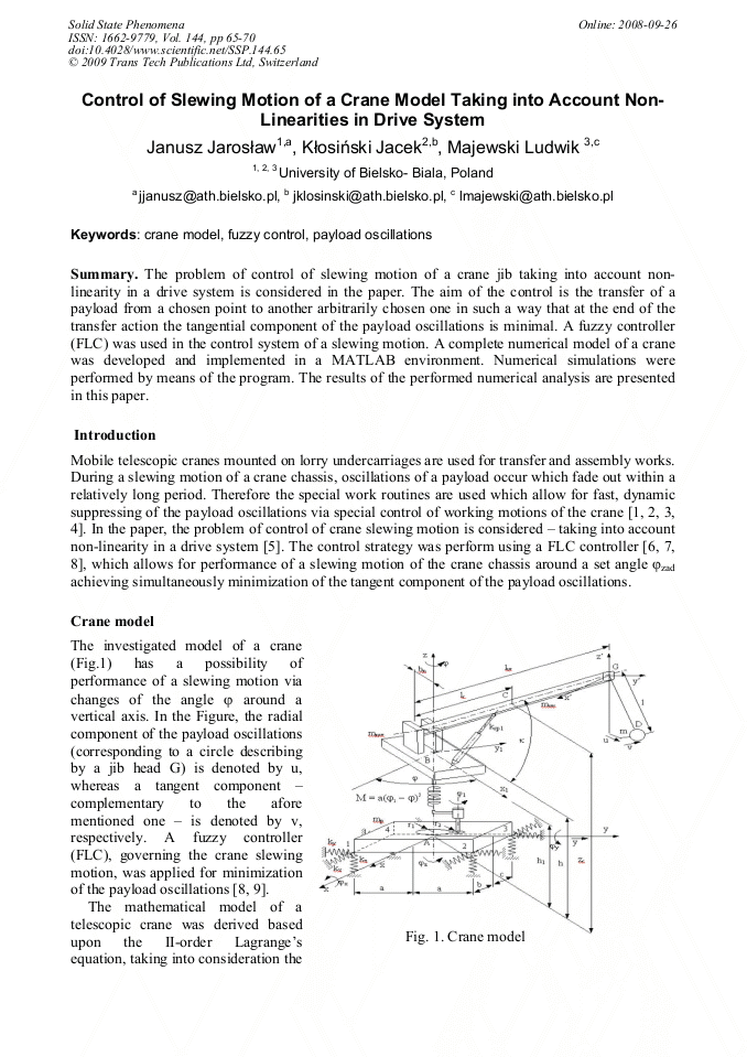 Control of Slewing Motion of a Crane Model Taking into Account Non ...