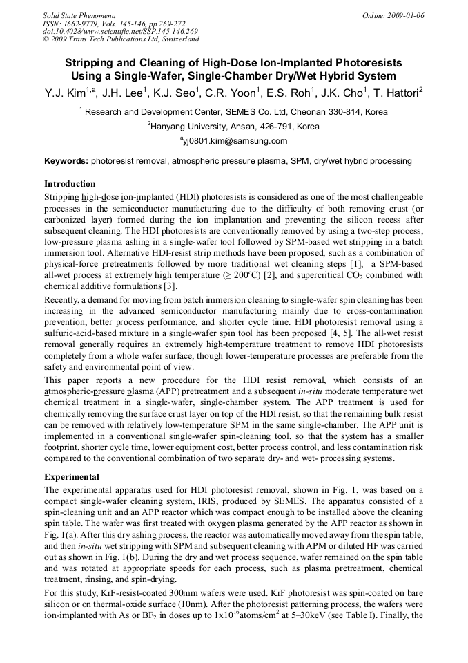 Stripping and Cleaning of High-Dose Ion-Implanted Photoresists Using a ...