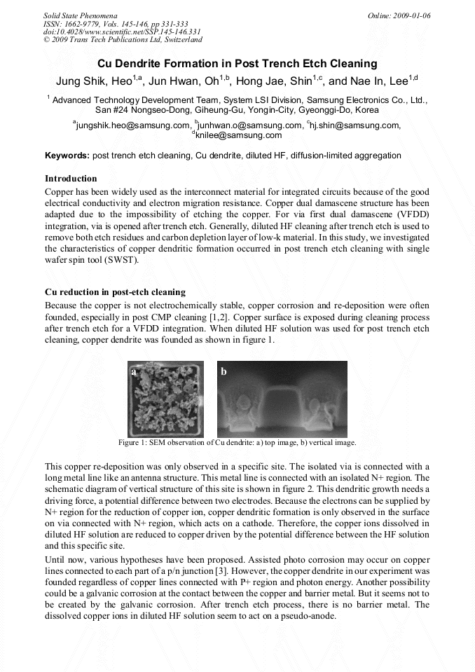 Cu Dendrite Formation in Post Trench Etch Cleaning | Scientific.Net