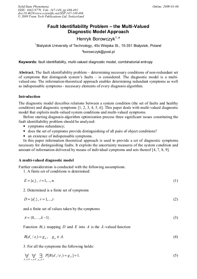 Fault Identifiability Problem – The Multi-Valued Diagnostic Model ...