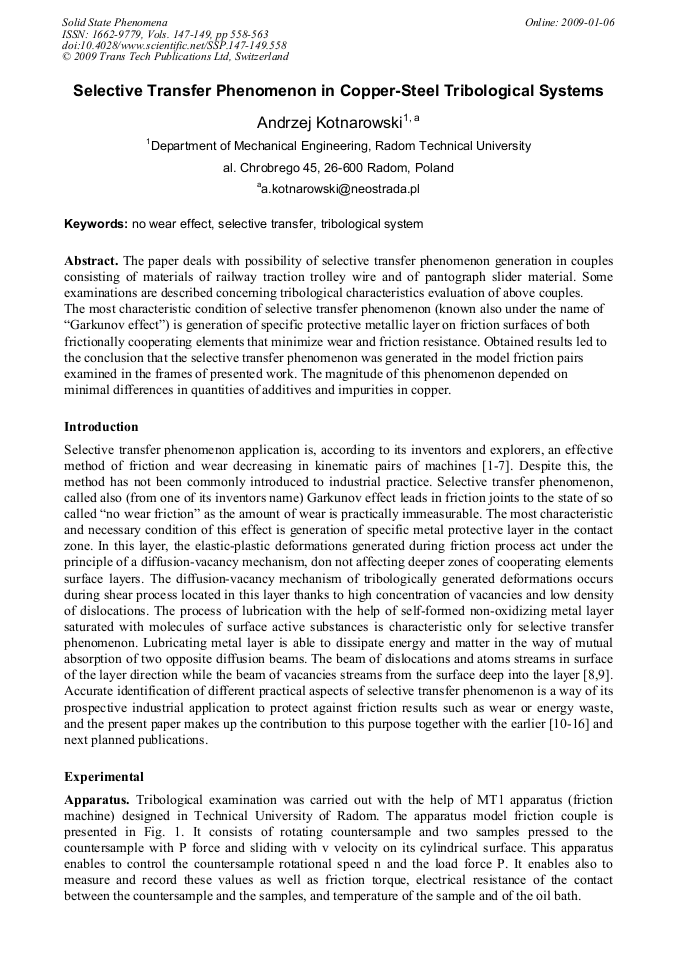 Selective Transfer Phenomenon in Copper-Steel Tribological Systems ...