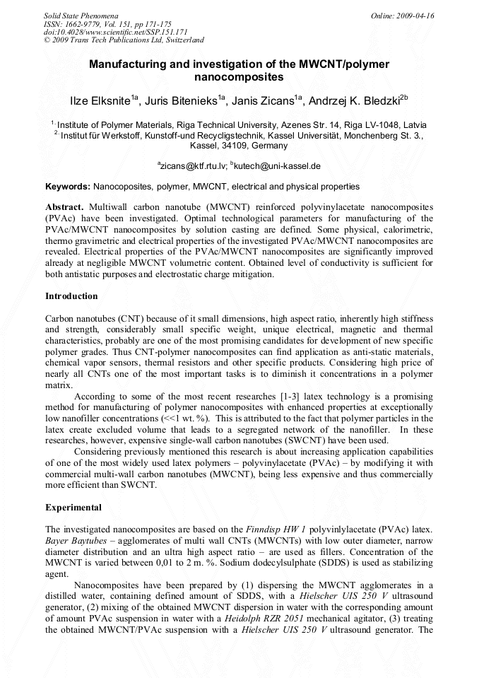 Manufacturing and Investigation of the MWCNT/Polymer Nanocomposites ...