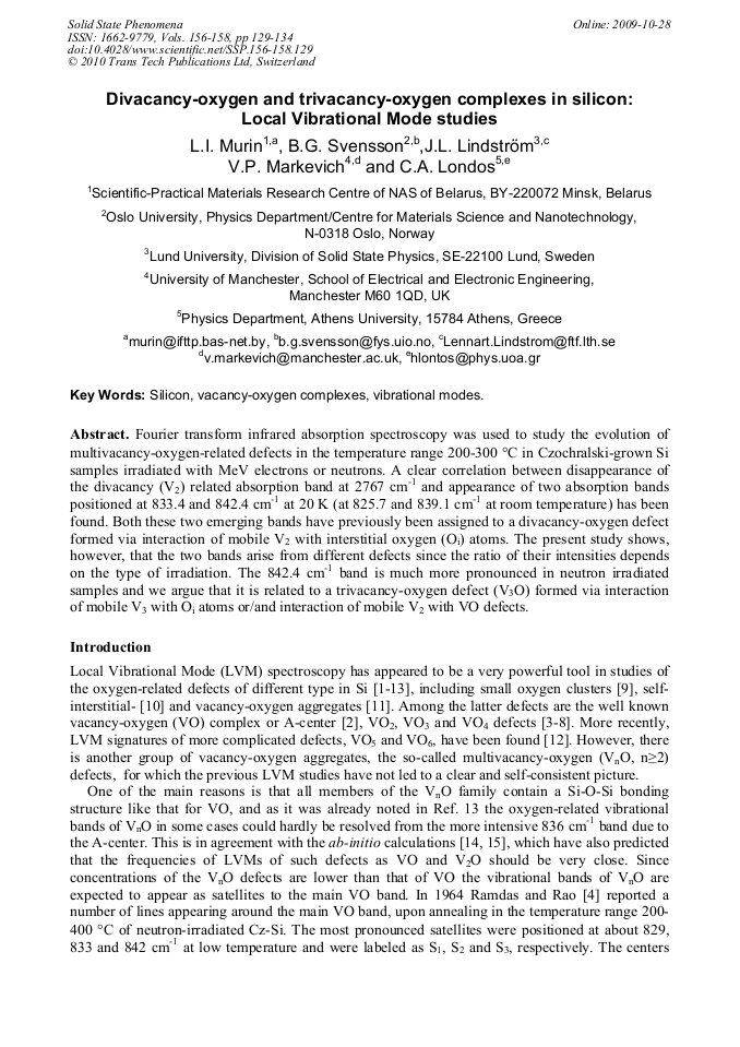 Divacancy-Oxygen and Trivacancy-Oxygen Complexes in Silicon: Local ...