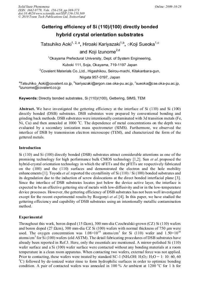 Gettering Efficiency of Si (110)/(100) Directly Bonded Hybrid Crystal ...